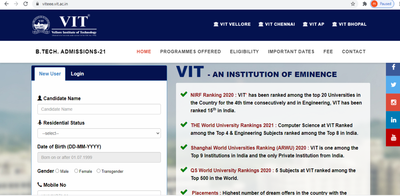 VITEEE 2021 great registration on till 30 March 2021