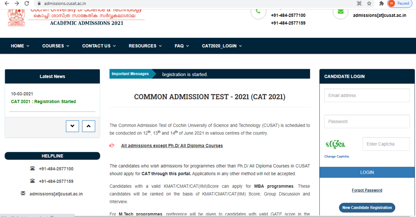 CUSAT CAT 2021: Great application process has begun
