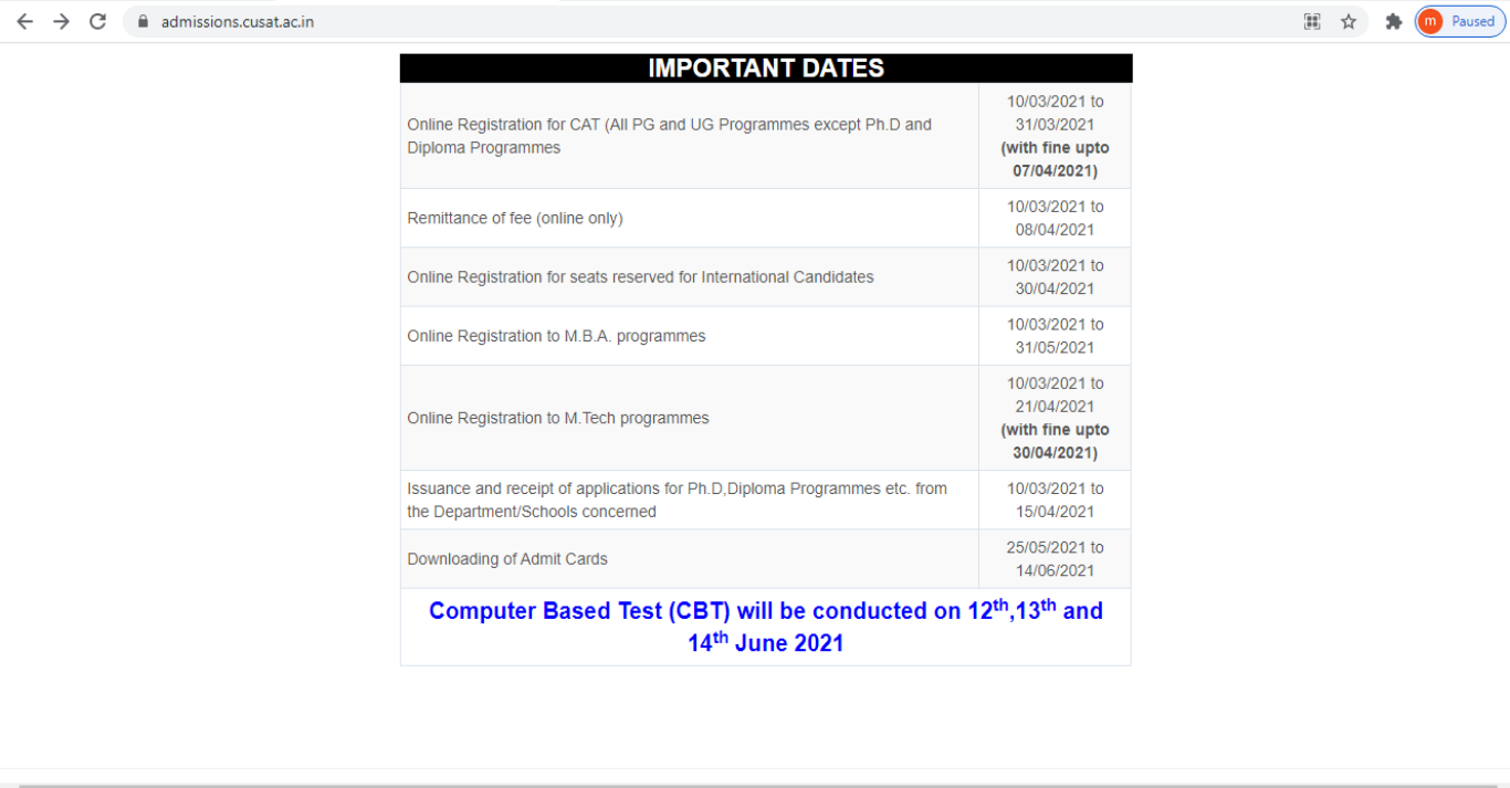 CUSAT CAT 2021: Great application process has begun