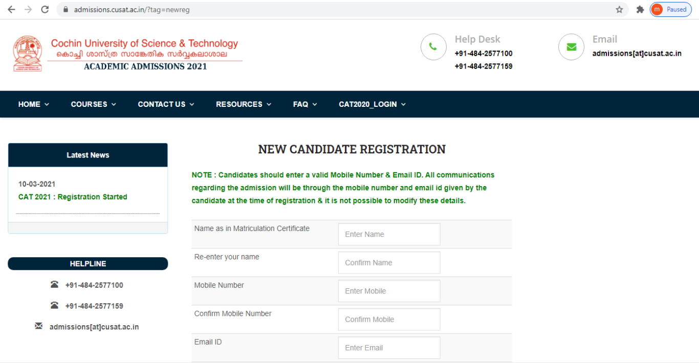 CUSAT CAT 2021: Great application process has begun