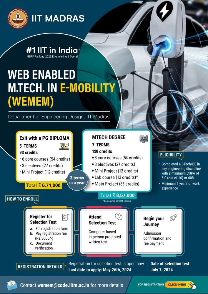 MTech in E-Mobility Course Appln Submsn Till Great 26 May 24